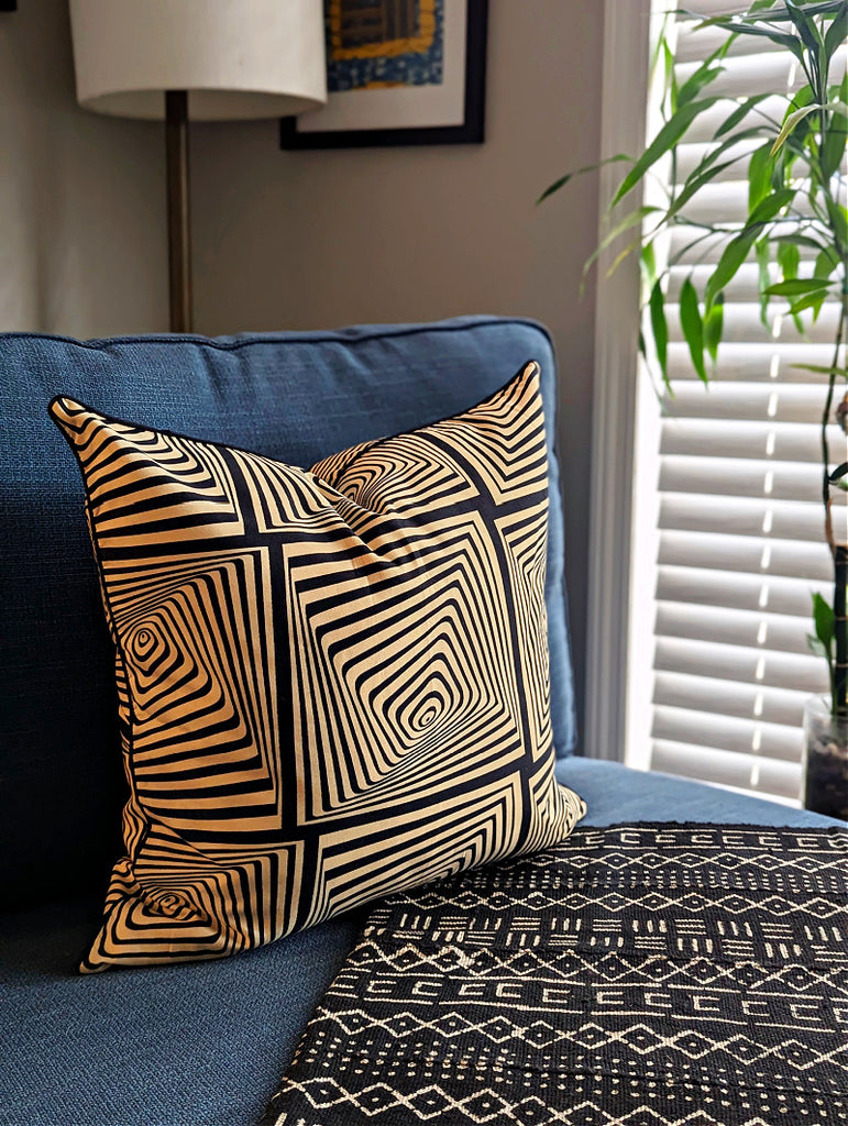 African Print Fabric Pillow Cover - Black Beige Abstract Pattern ...